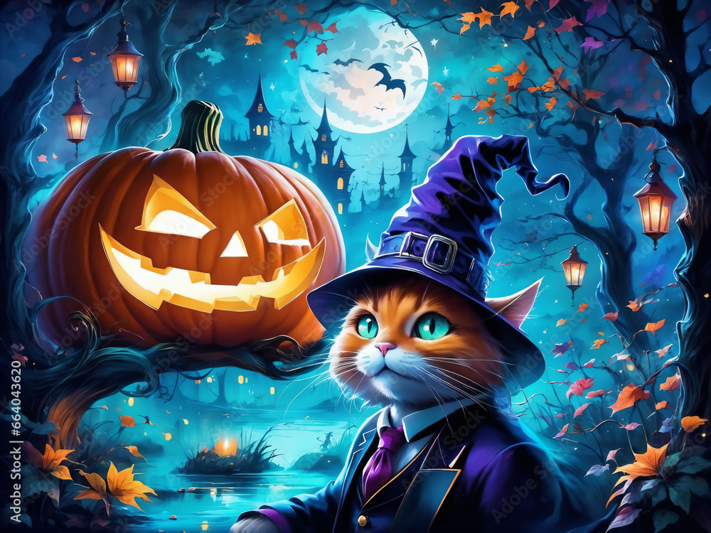 un gato disfrazado de bruja con una calabaza de fondo y una luna llena ...