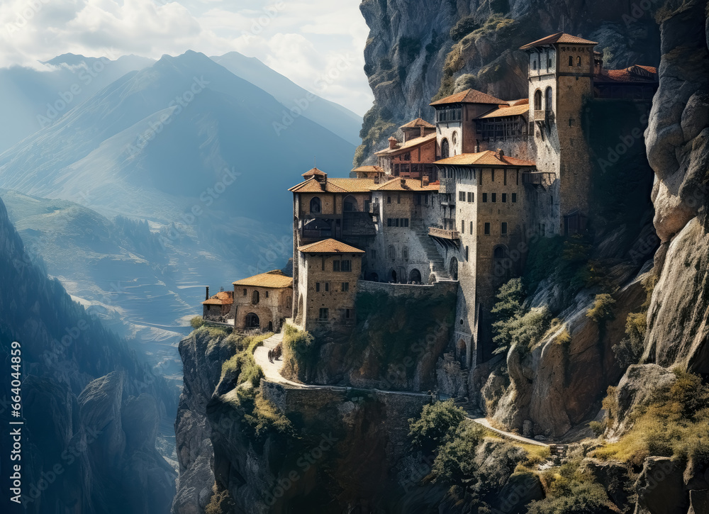 Medieval Georgian monastery on a rocky cliff, on the mountain top ...