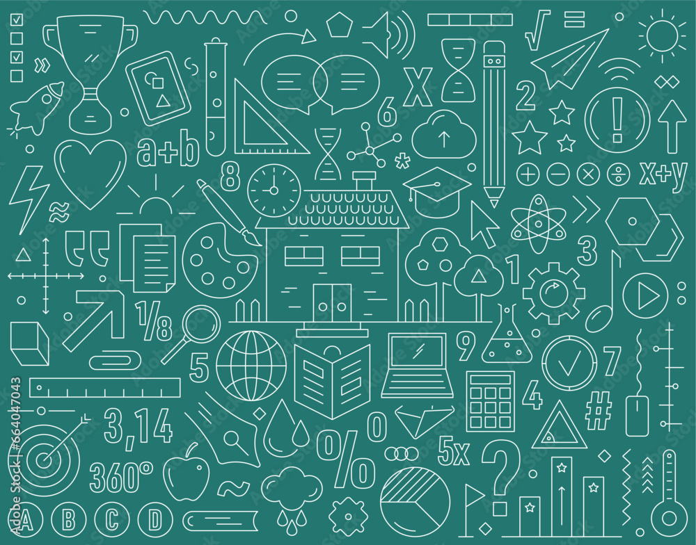 education symbols on green background. education symbols set. outline ...