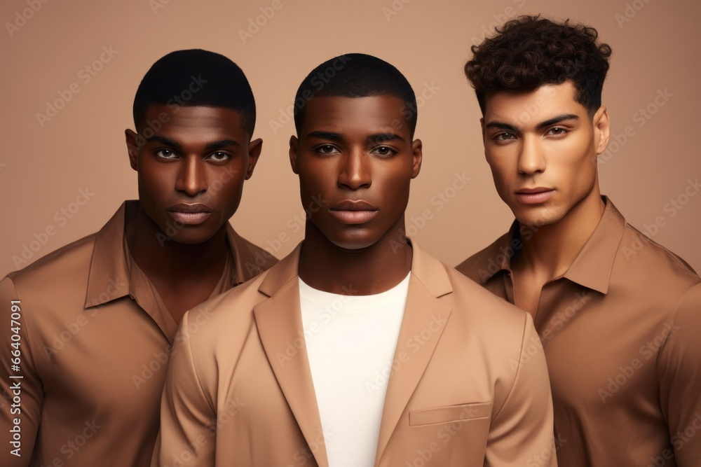 Studio portrait of a multicultural mens fashion models group. Multi-ethnic guys with different ...