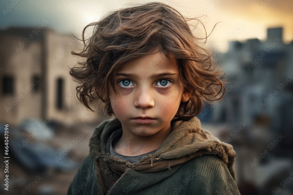 Scared kid face portrait, expressive eyes look. Young boy refugee in ...