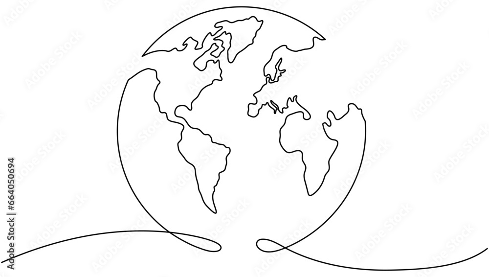 Continuous Earth continuous line drawing symbol. World map one line art ...