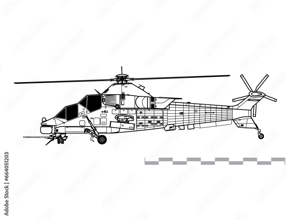 Denel Rooivalk Mk 1. Vector drawing of attack helicopter. Side view ...