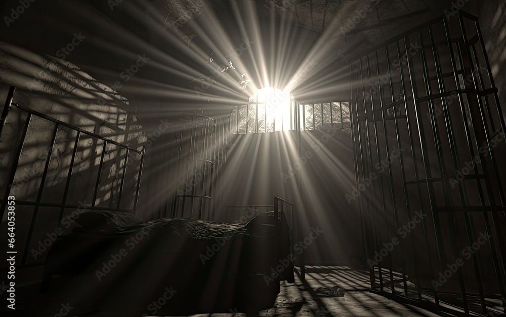 The interior of a prison cell, the windows are barred and the light ...