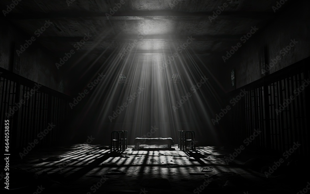 The interior of a prison cell, the windows are barred and the light ...