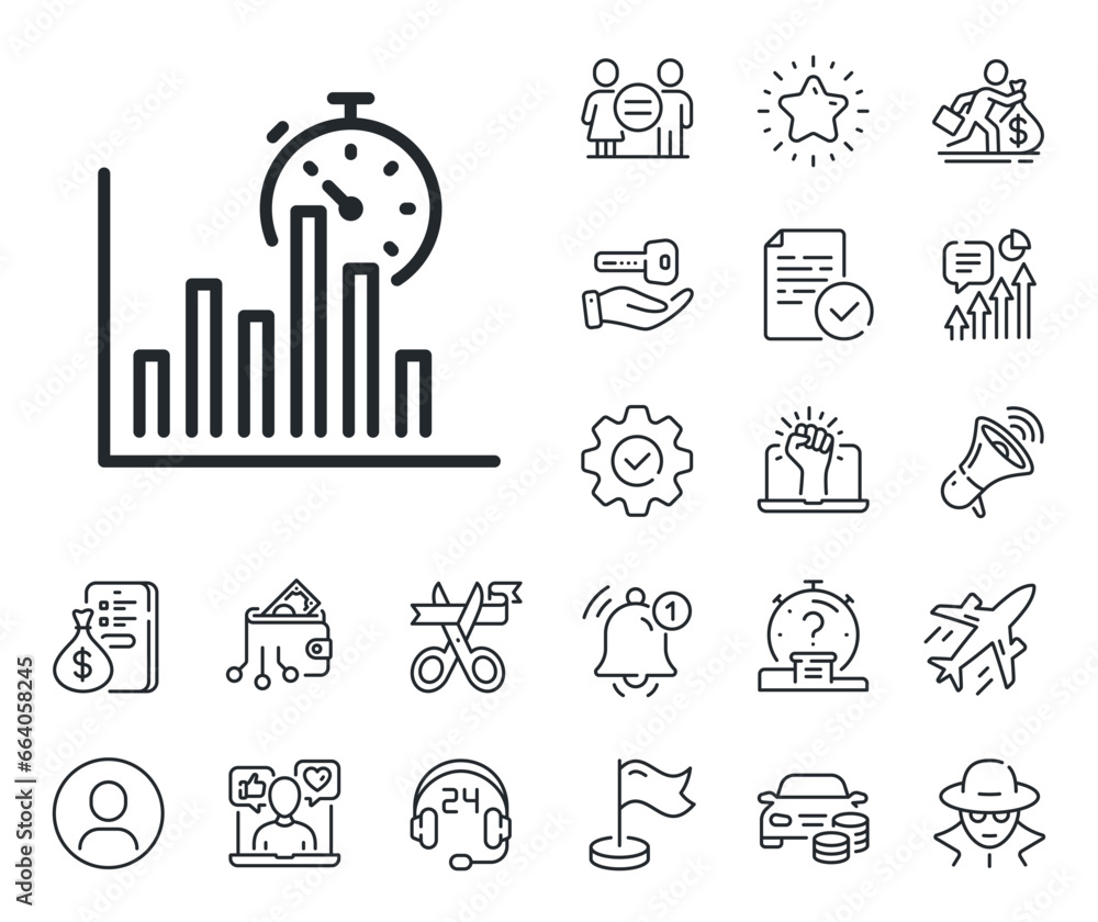 Column graph sign. Salaryman, gender equality and alert bell outline icons. Report timer line ...