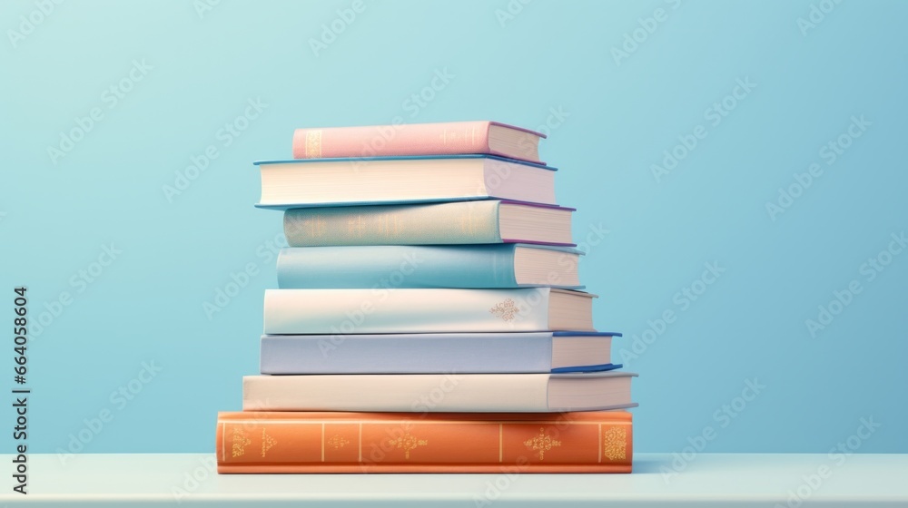 A stack of books on a pastel blue background with a neat arrangement ...