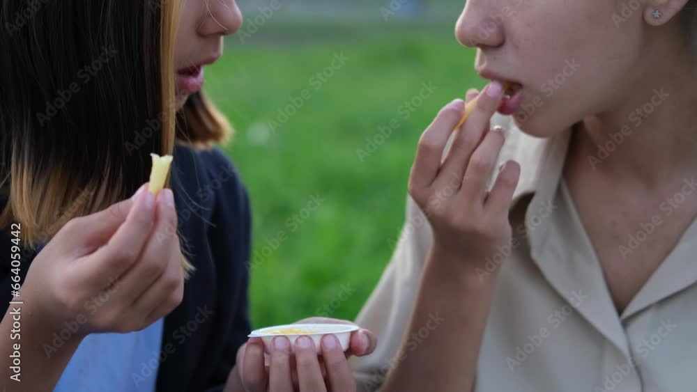 Cute children, two sisters eating French fries outdoors in summer ...