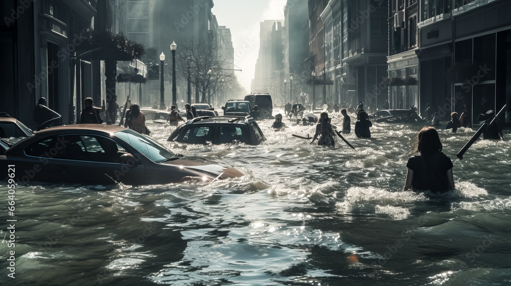 The flooded city street shows water reaching windows, representing the ...
