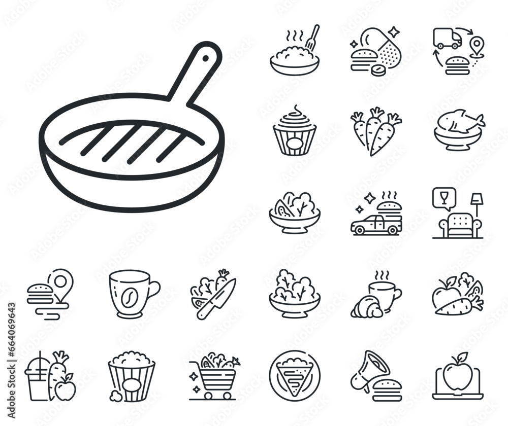 Kitchen griddle sign. Crepe, sweet popcorn and salad outline icons ...