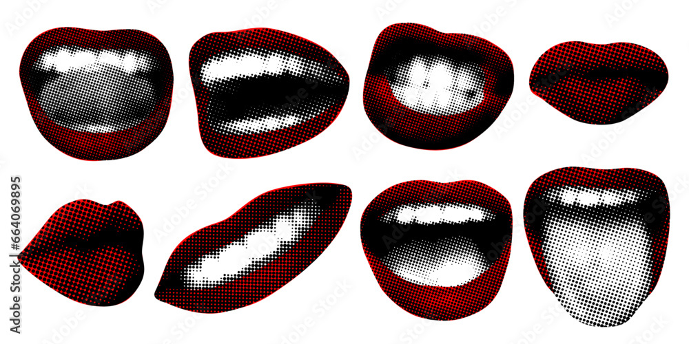 Sexy female lips with red lipstick isolated on white background. Set of retro halftone lips with ...