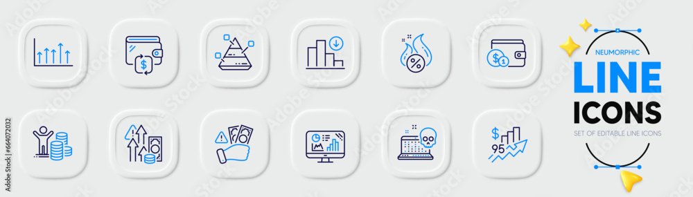 Analytics graph, Decreasing graph and Budget profit line icons for web app. Pack of Fraud, Rise ...