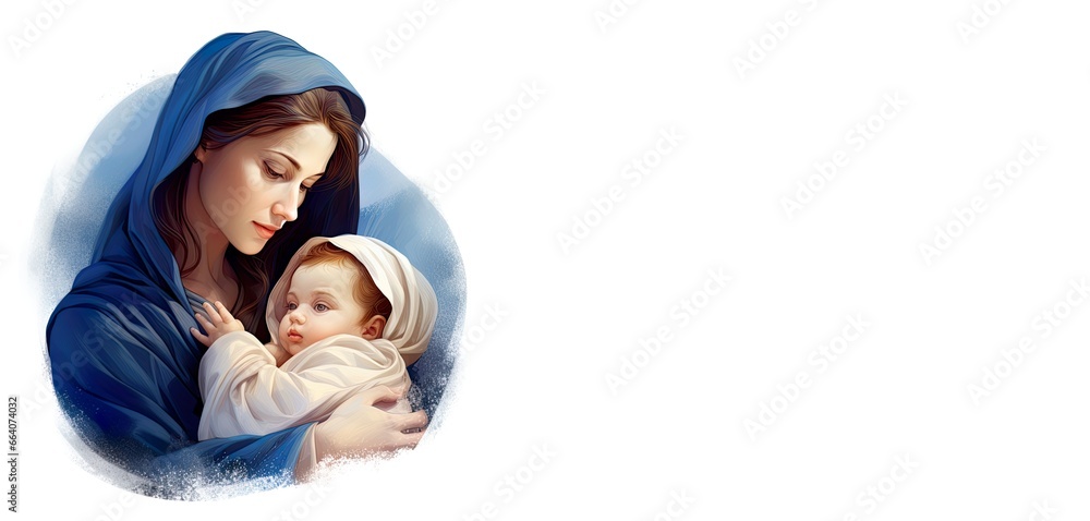 Holy Mary smiling and holding, hugging her infant. Baby Jesus cuddling ...