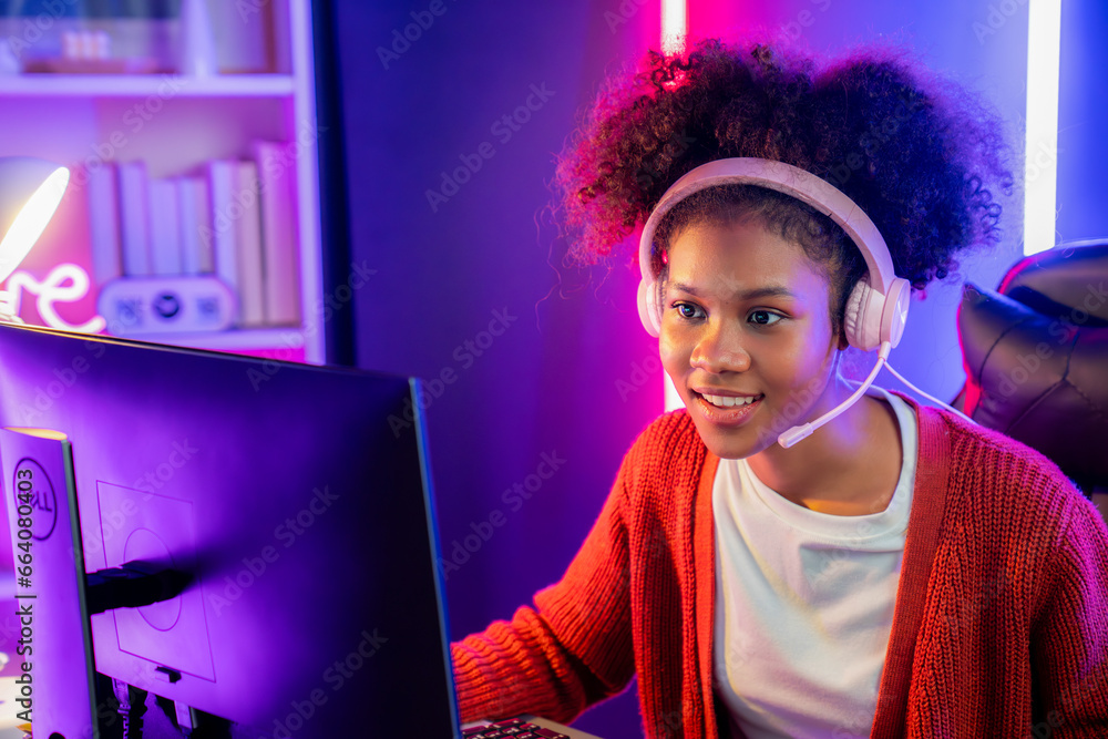 African American girl streamer playing online fighting with Esport ...