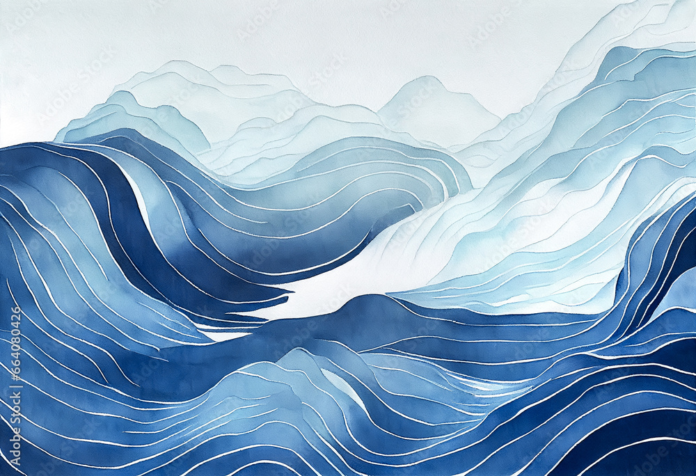 Gradient snow hills, waves and sky winter painting with watercolor ink ...