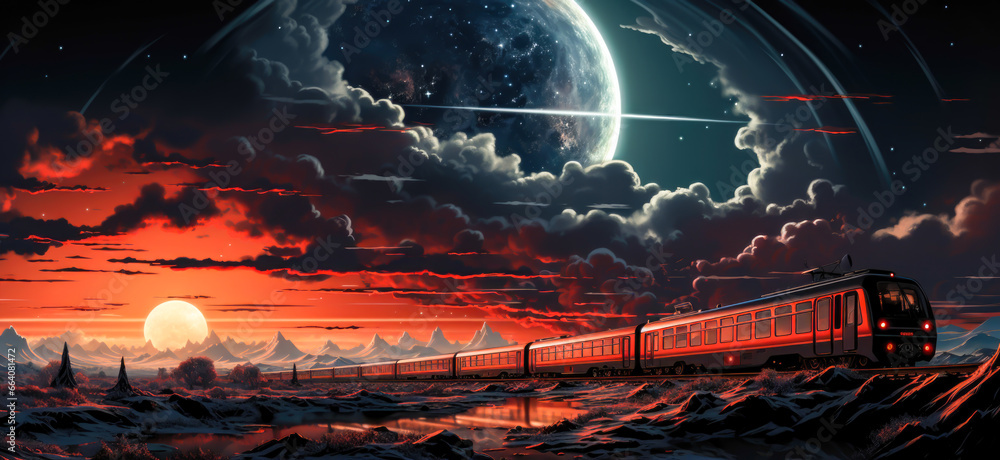 a picture of a very long train crossing a red moor, with the giant moon ...