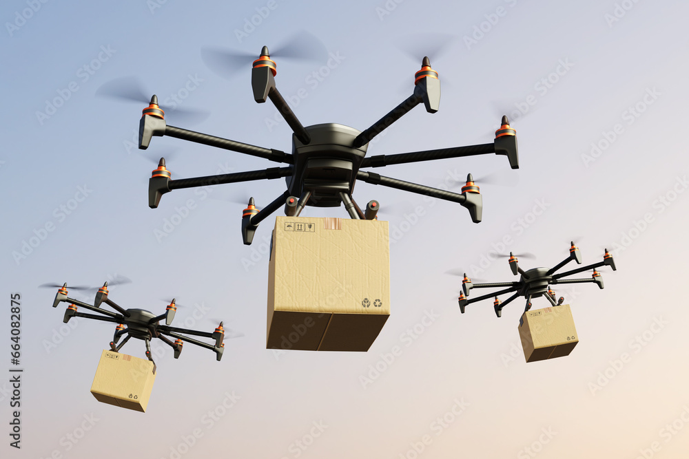 Heavy lift drones carrying a brown carton box parcel flying in the air. Illustration of the ...