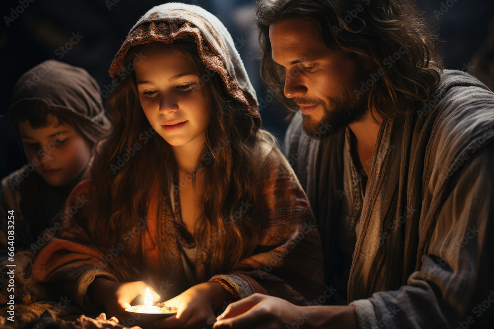 A family gathering around a nativity scene, portraying the birth of ...