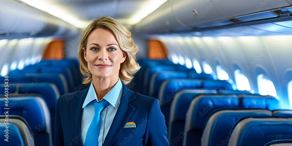 Blonde woman working as flight attendant. Female airplane stewardess ...