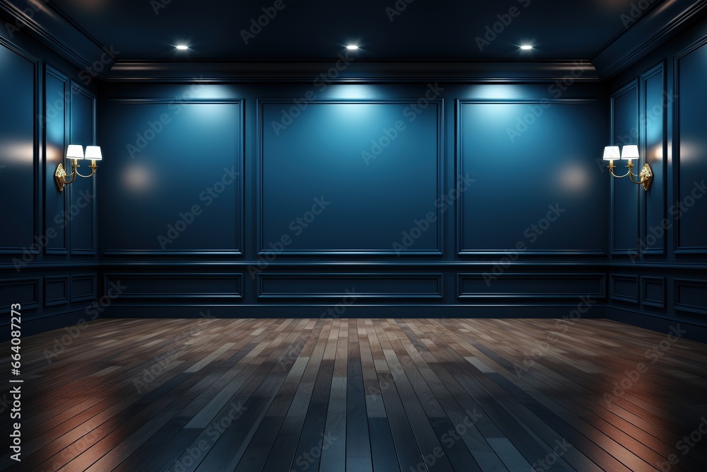Interior of dark blue empty room with wooden floor, ceiling and lamps ...