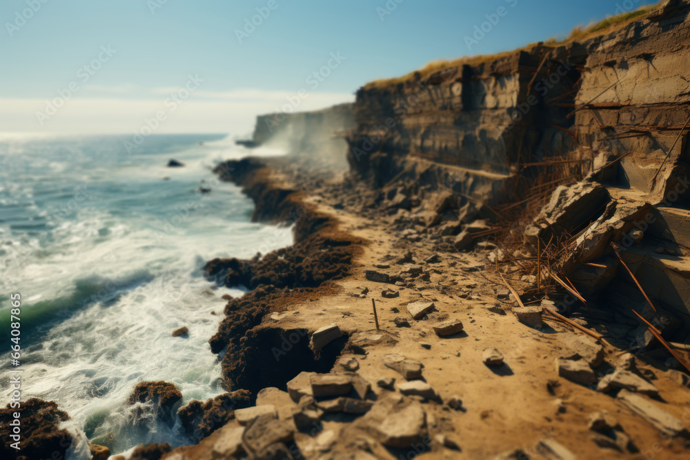 A crumbling coastal cliff, depicting the erosion danger caused by ...