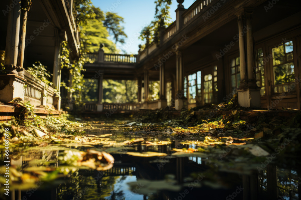 A neglected swimming pool with stagnant water, signifying the breeding ...