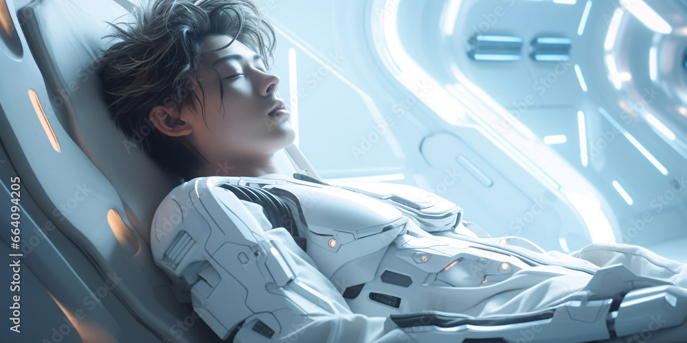 Young Manga-Style Sleeper in Futuristic Robotic Suit Inside a Spaceship ...