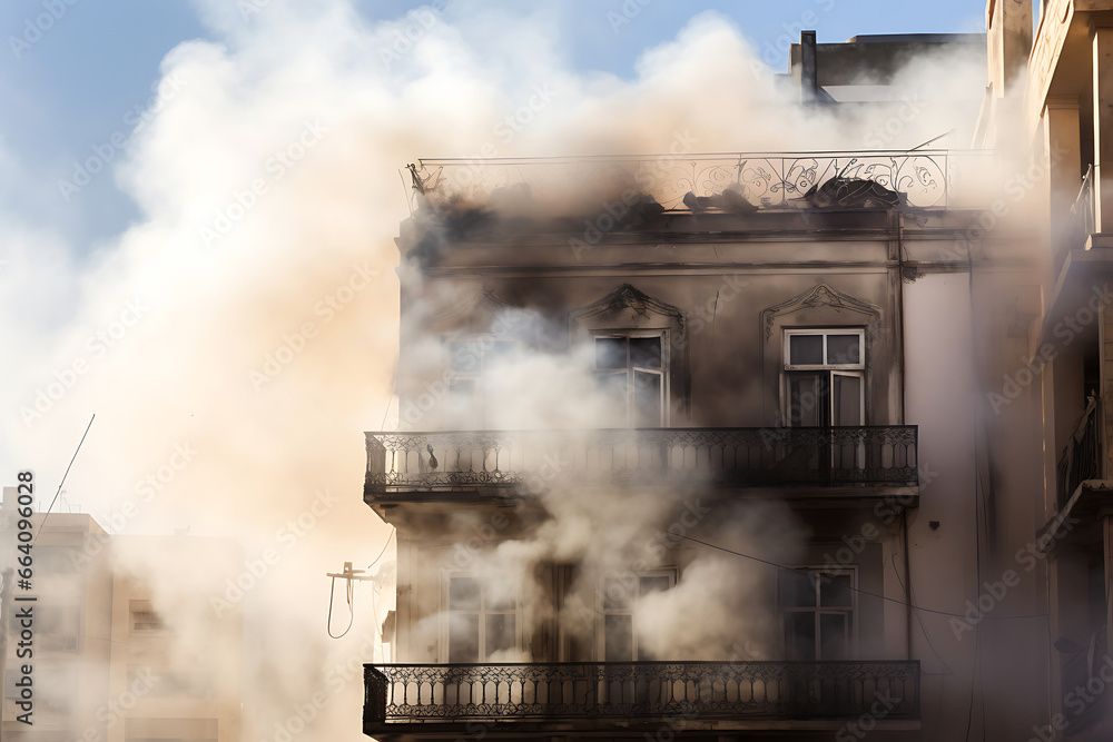Smoke around the destroyed building from bombs and missiles. Destroyed ...