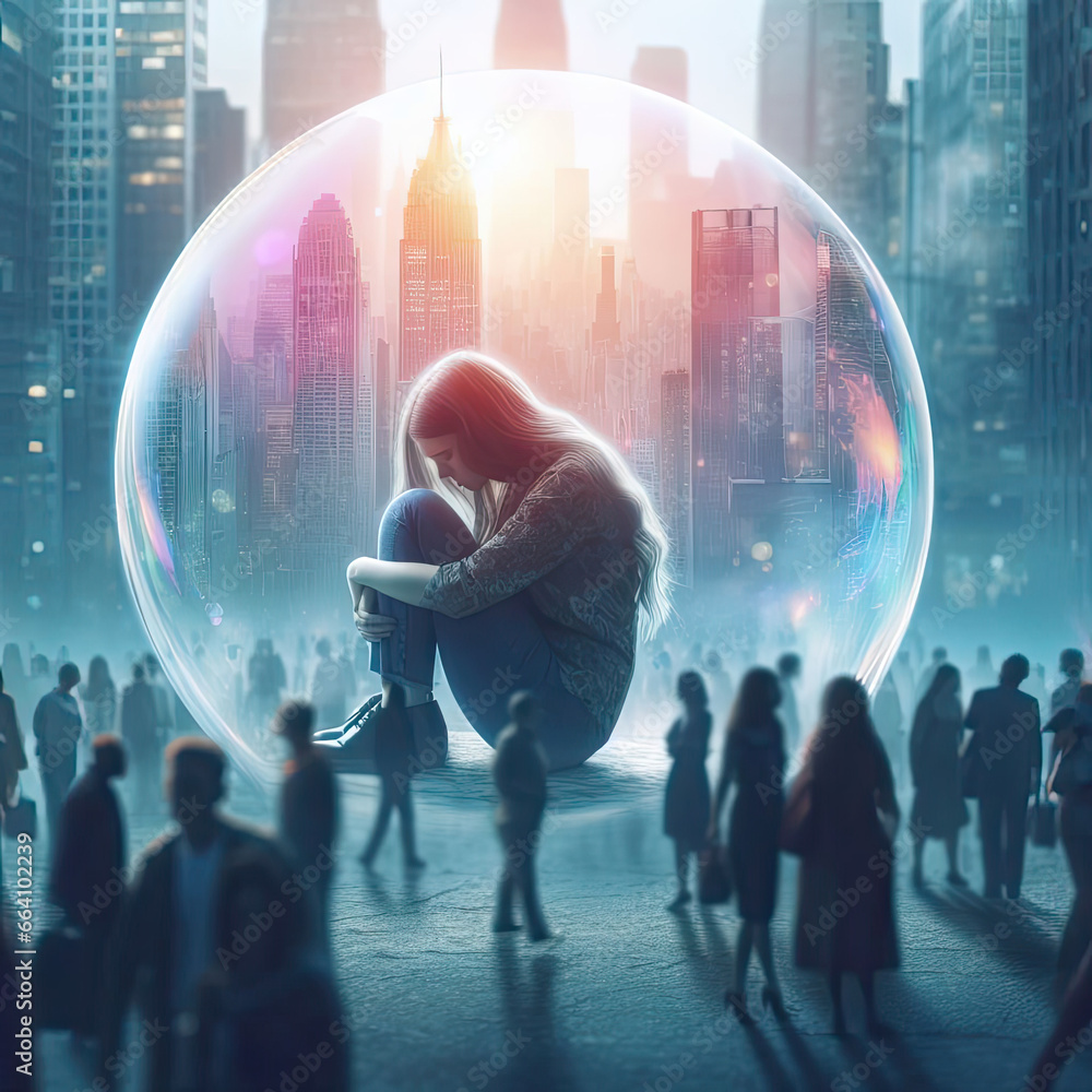 Girl with depression isolated in a bubble, in the city, emotions ...
