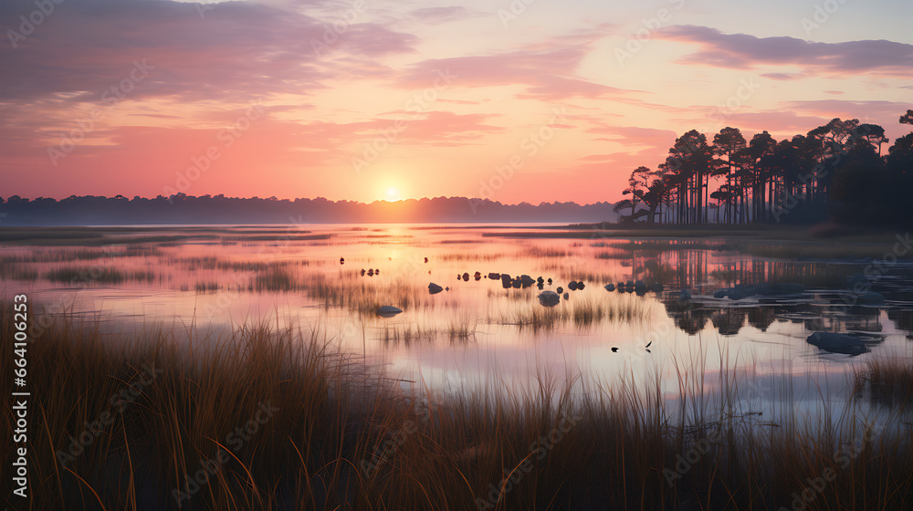 a coastal marshland, with tall reeds, still waters, and a palette of ...