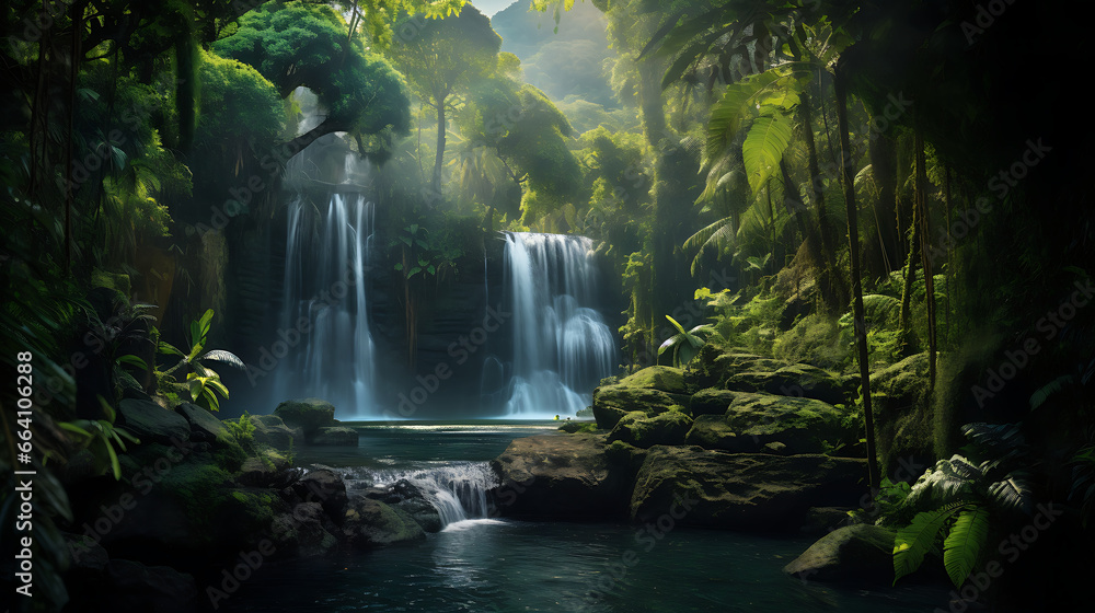 a hidden tropical waterfall in a lush rainforest, with cascading water, vibrant green foliage ...