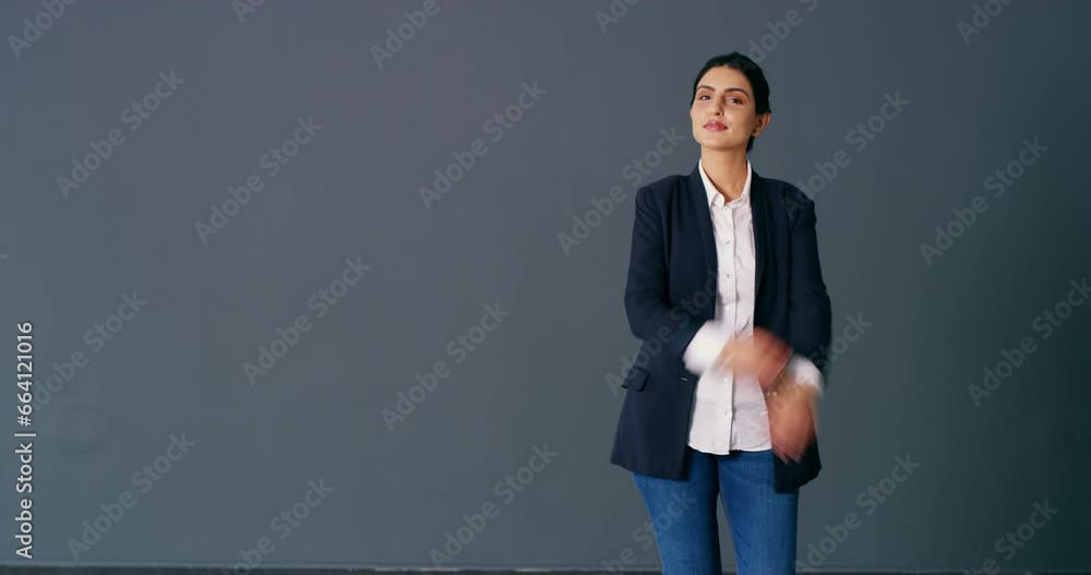 Business woman, point and checklist by space, wall or arms crossed for mockup by studio ...