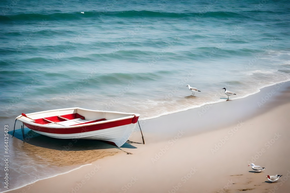 boat on the beach, A serene scene by the tranquil shore, where a ...