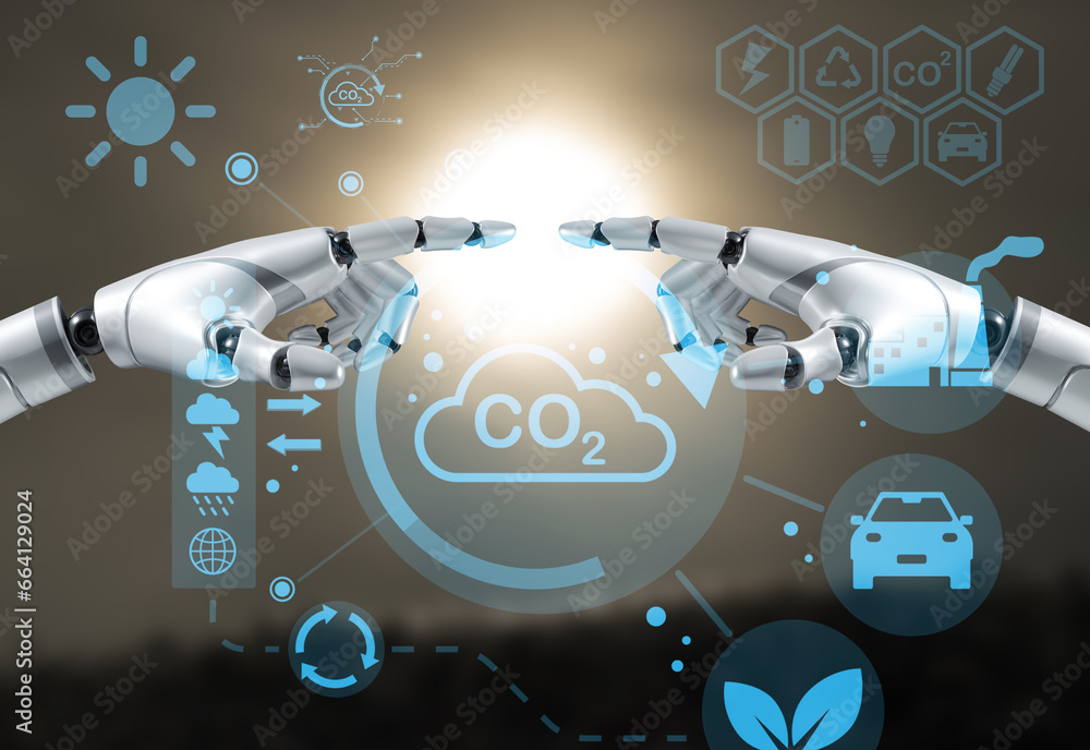 Net zero concept. AI, machine learning, robot hand touching. Net zero ...