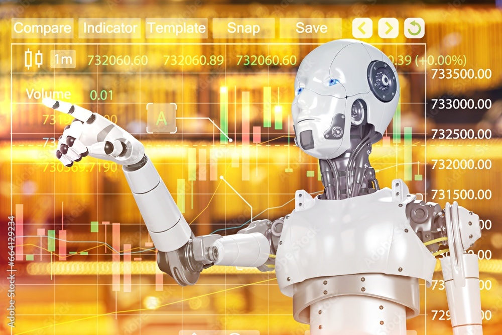 Robot trading concept. Robot hand represents use of artificial intelligence in Gold trading ...