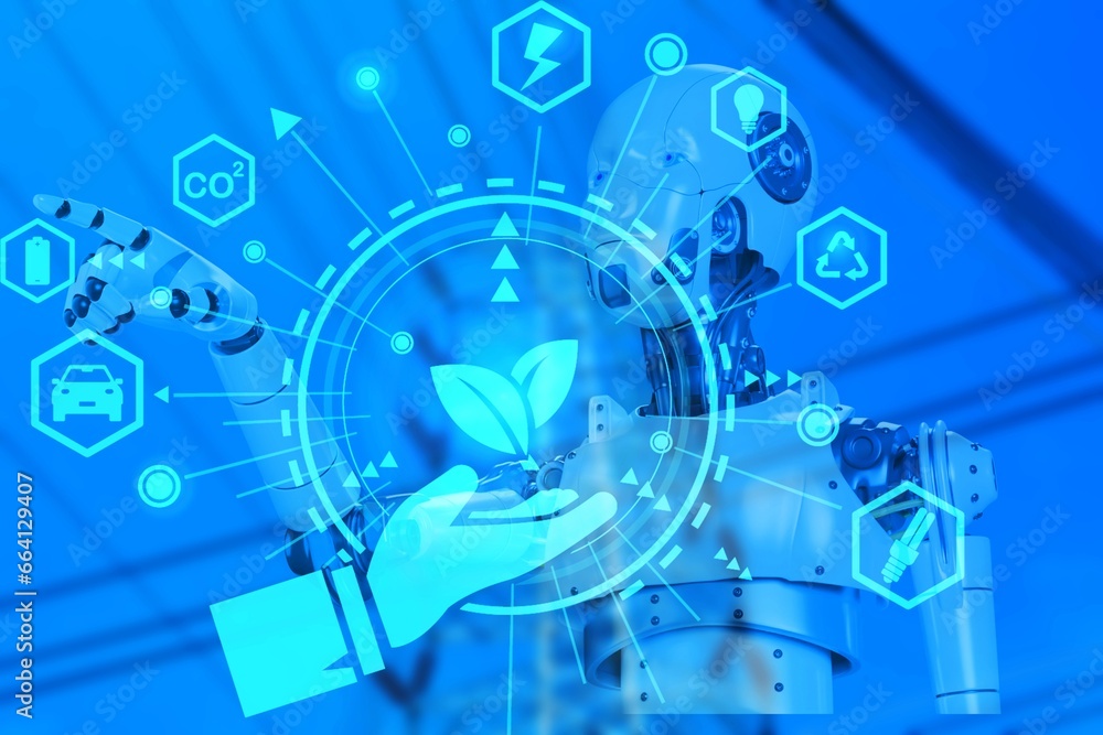 Net zero concept. AI, machine learning, robot hand touching. Net zero ...