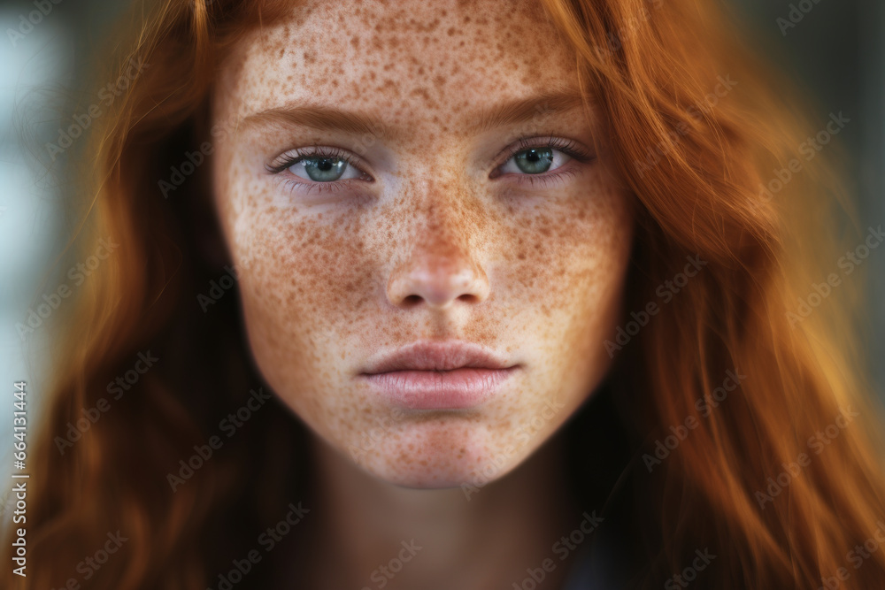 Close up face of young red ginger freckled woman with ginger hair and perfect healthy freckled ...