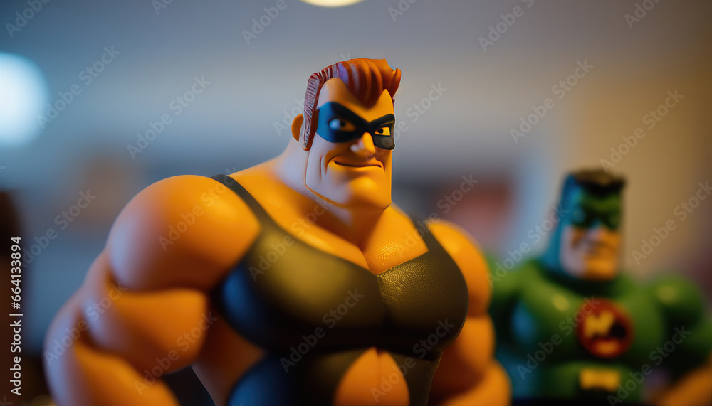 Plastic toy figurine of wrestler close-up. Muscle man with biceps in ...