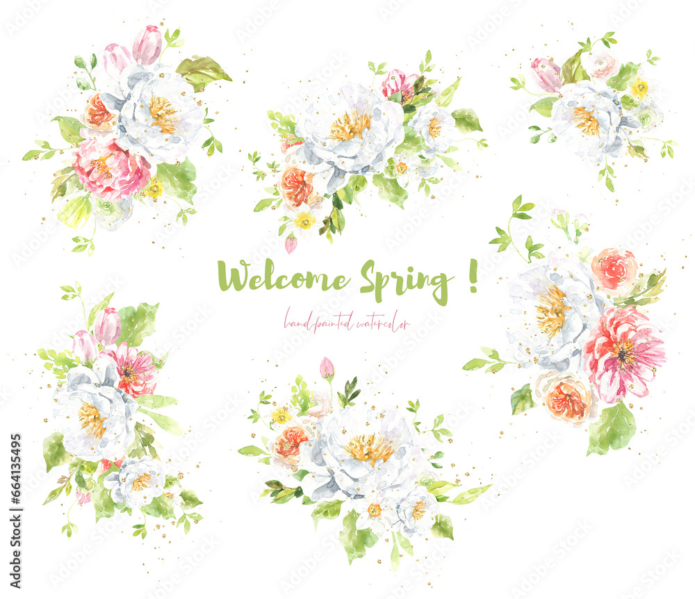 Watercolor Easter floral bouquet illustration, spring flower ...
