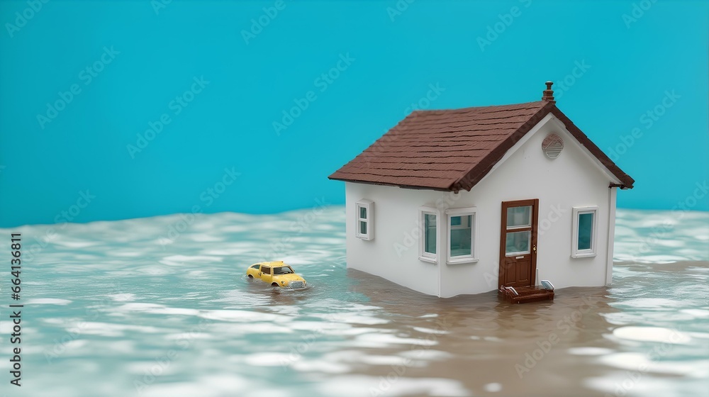 水没するミニチュア モデル ハウス、自然災害と洪水、コンセプトの背景｜A miniature model house submerged in ...