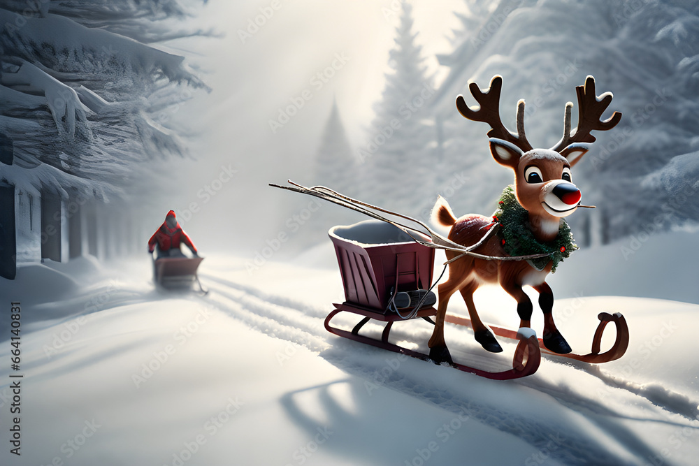 Draw Rudolph pulling a sled on the cold winter snow. Generative AI ...