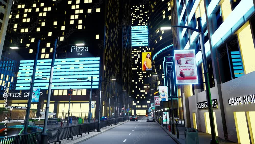 Urban city boulevard at night with cars driving past skyscrapers and ...
