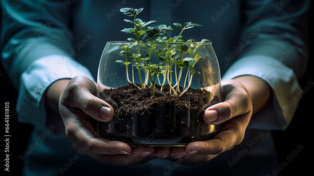 close up of scientist hands with plant and soil biotechnology ...