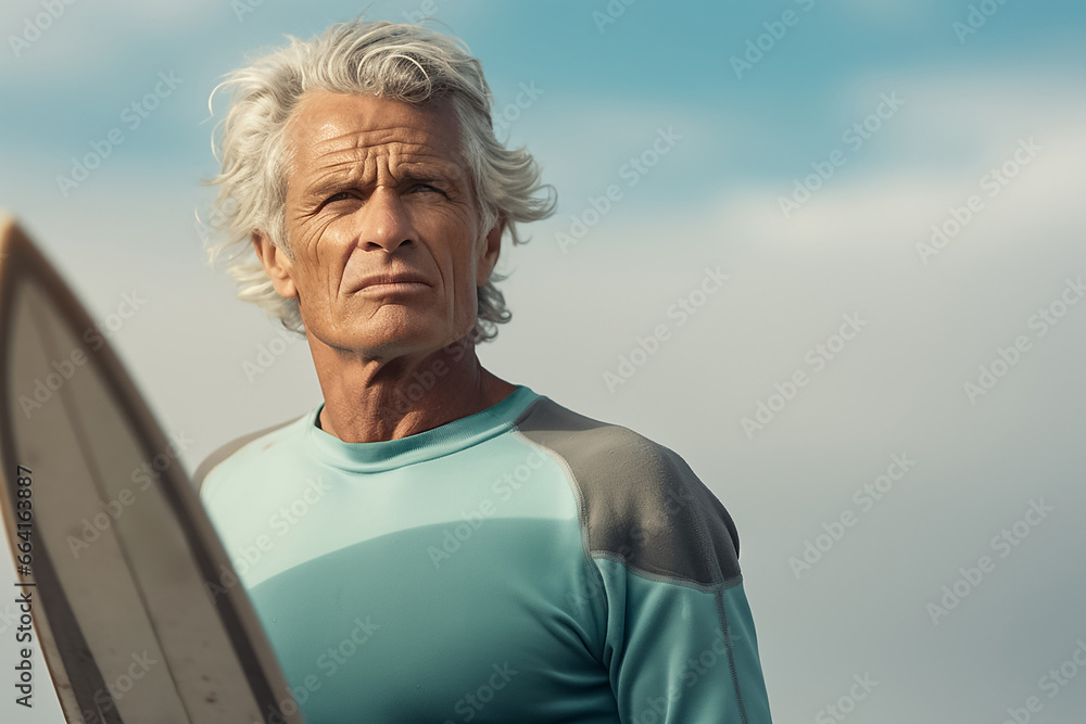 A portrait of an old man surfer in a modern full body swimsuit with a ...