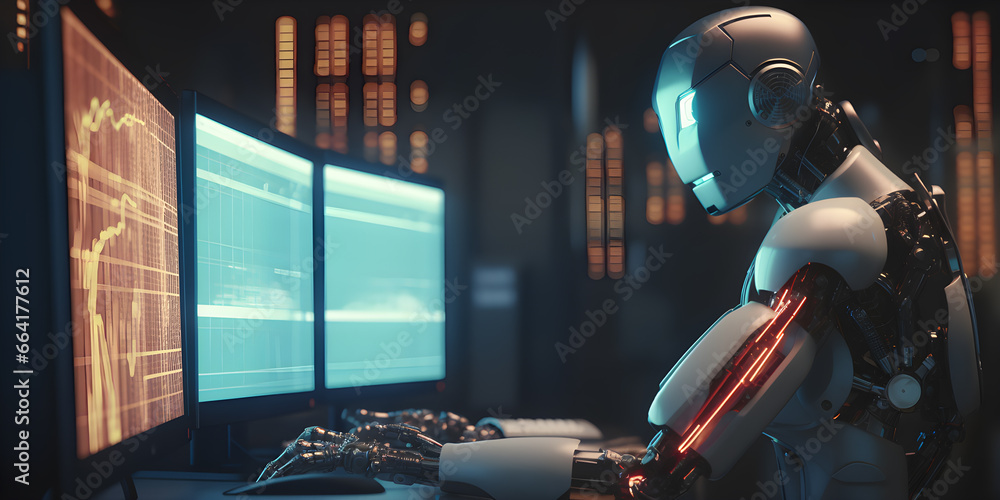 Robot trading on candlestick chart of a computer screen using Artificial Intelligence Stock ...