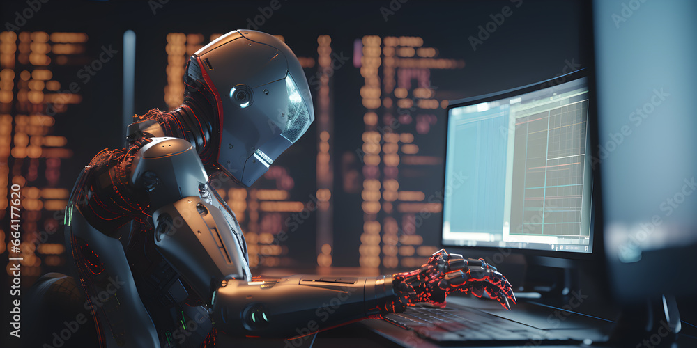 Robot Trading On Candlestick Chart Of A Computer Screen Using