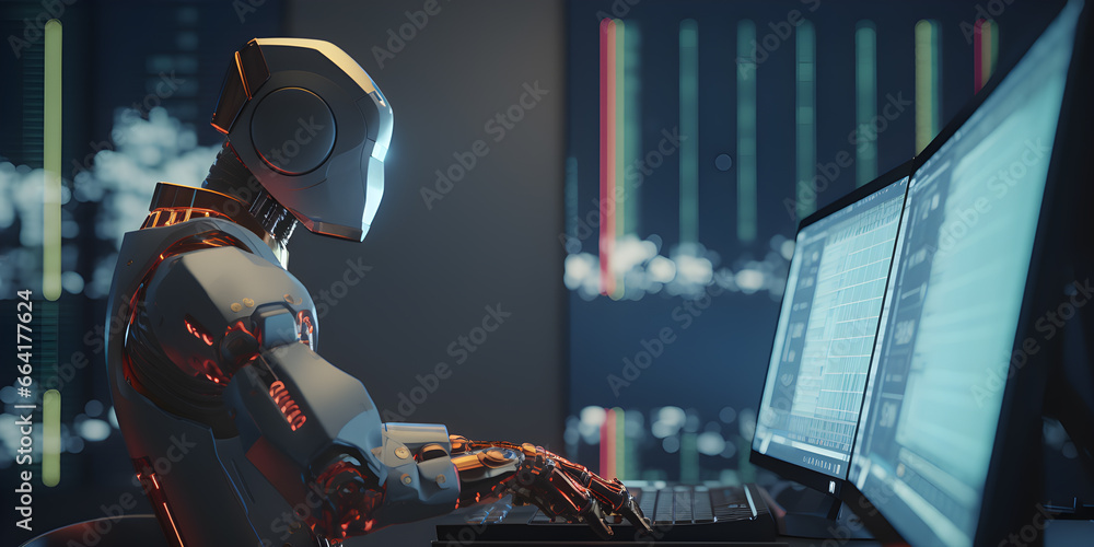 Robot trading on candlestick chart of a computer screen using Artificial Intelligence Stock ...
