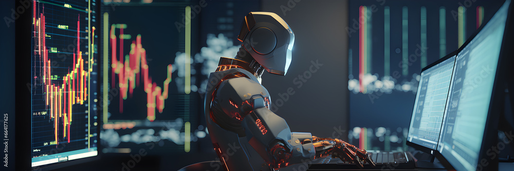 Robot trading on candlestick chart of a computer screen using Artificial Intelligence Stock ...