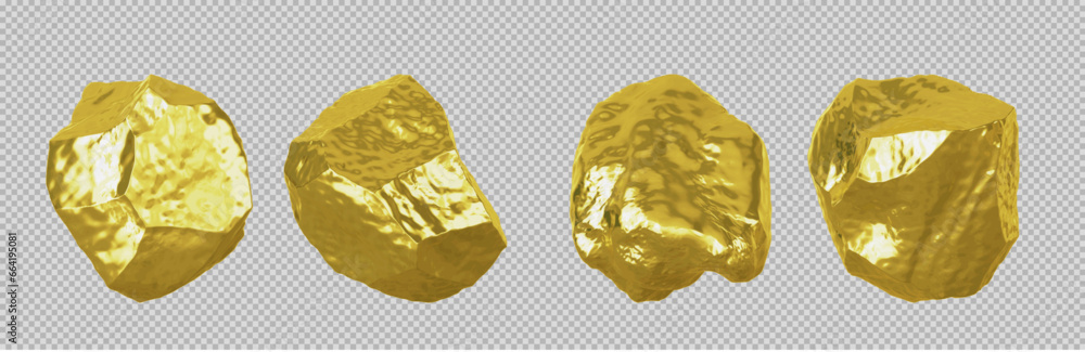 3D illustration Golden stones set isolated close up, gold nuggets ...