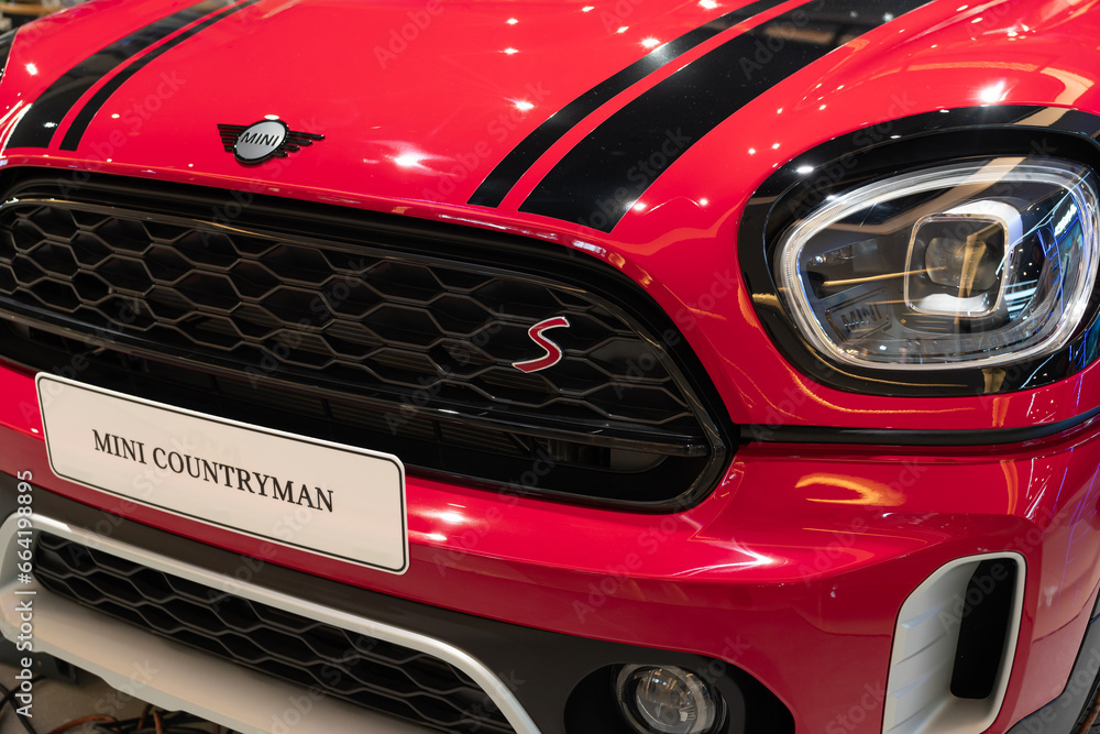 Bangkok Thailand OCT 18 2023: Front view of a Mini Cooper S John Cooper ...